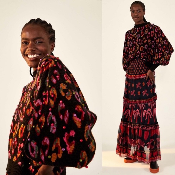 FARM Rio | Sweaters | New Farm Rio Black Ikat Dyed Leopard Ball Wool ...